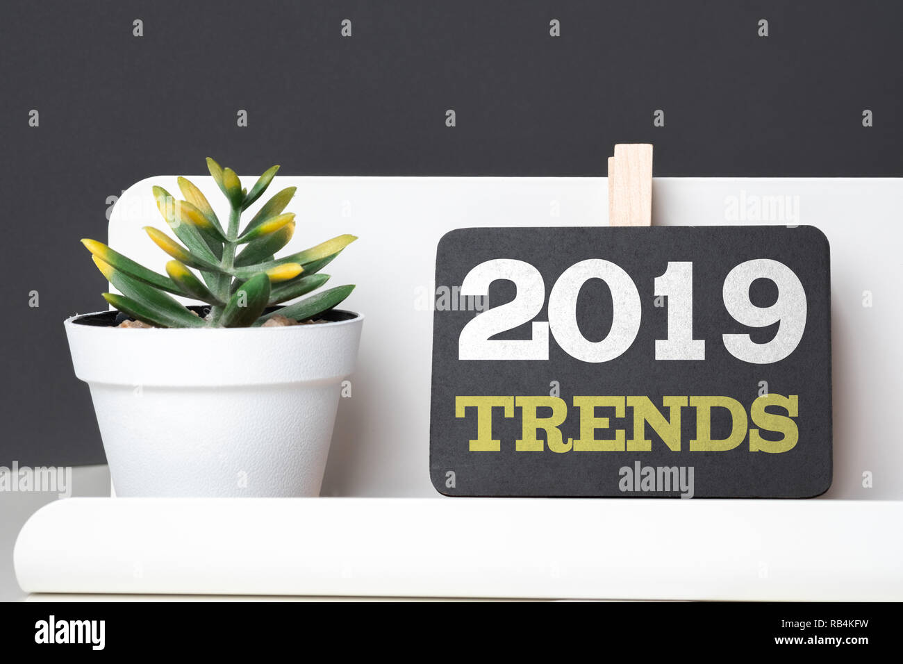 Trends 2019 on blackboard with modern pencil box and green plant in ...
