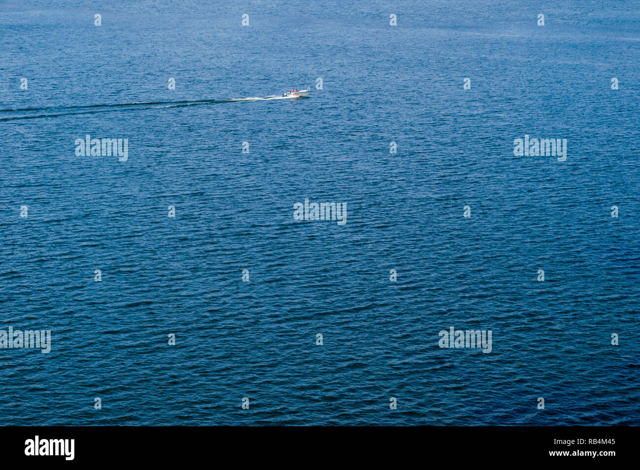 Aerial view of speeding boat in sea. Speed boat at sea. View from above ...