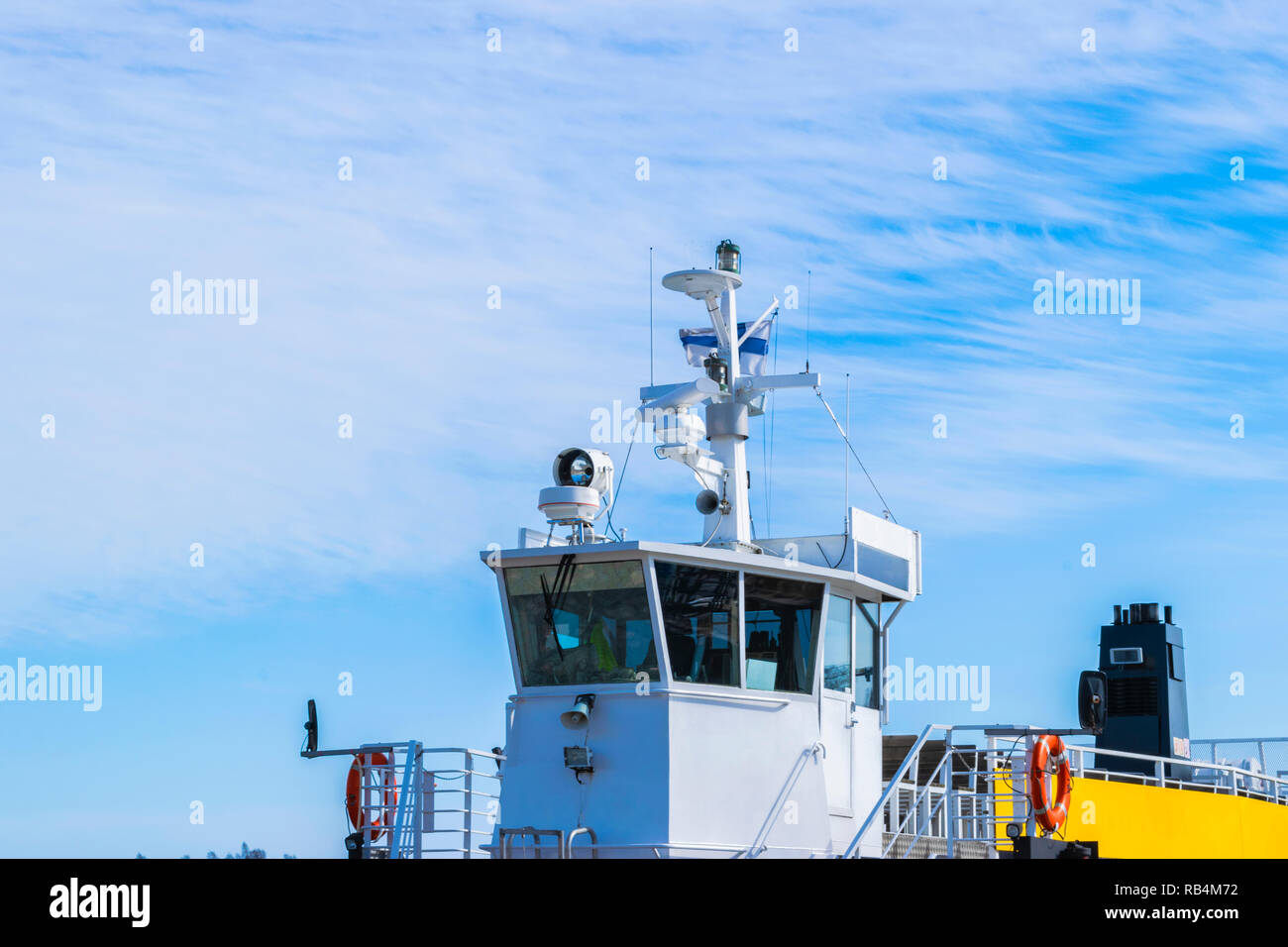 Ferry boat white cabin with big windows. Wing of running bridge of ...