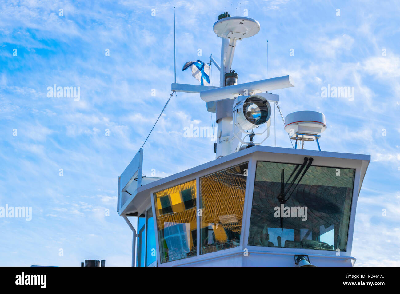 Ferry boat white cabin with big windows. Wing of running bridge of ...