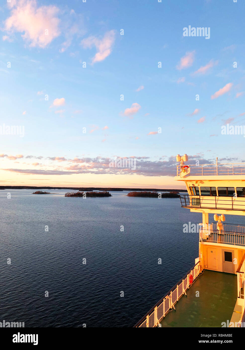 Decks and cabins on the side of cruiseship. Wing of running bridge of ...