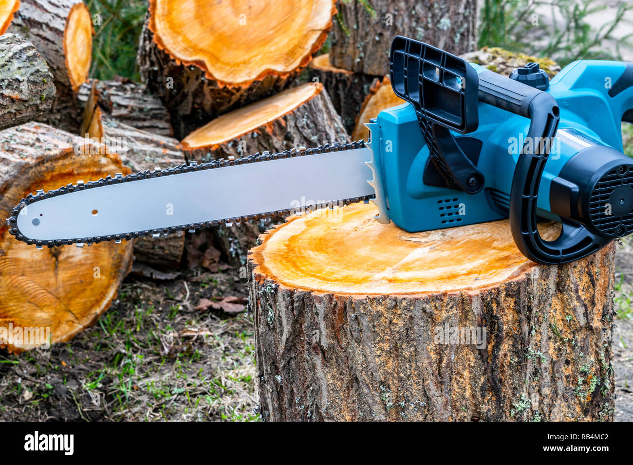 Chainsaw. Close-up of woodcutter sawing chain saw. Close up ...
