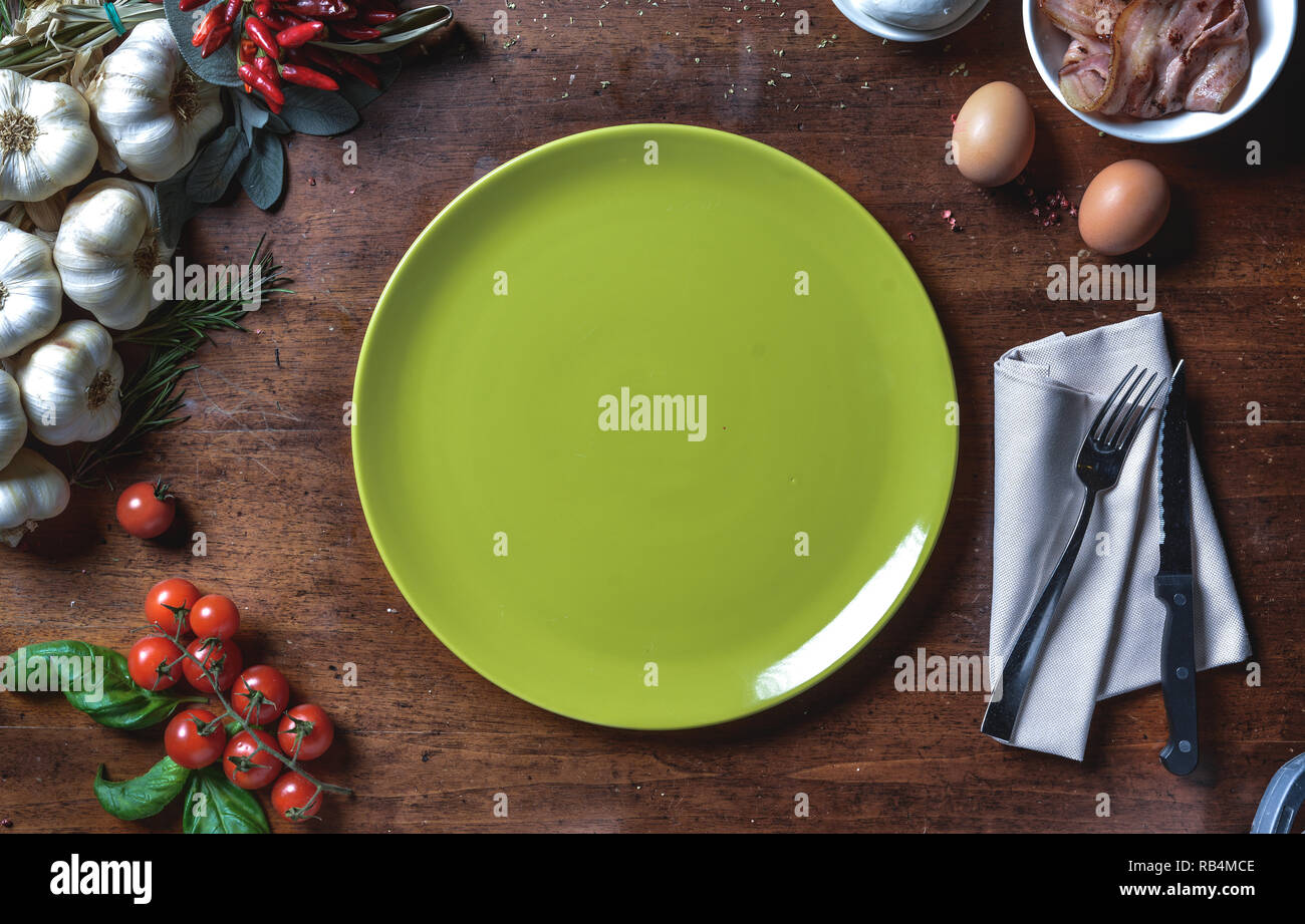 empty pizza plate on top view background composition, waiting for pizza ...