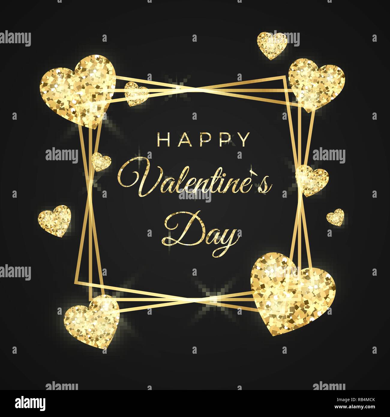Happy Valentines day vector greeting card. Golden frame, heart and text ...