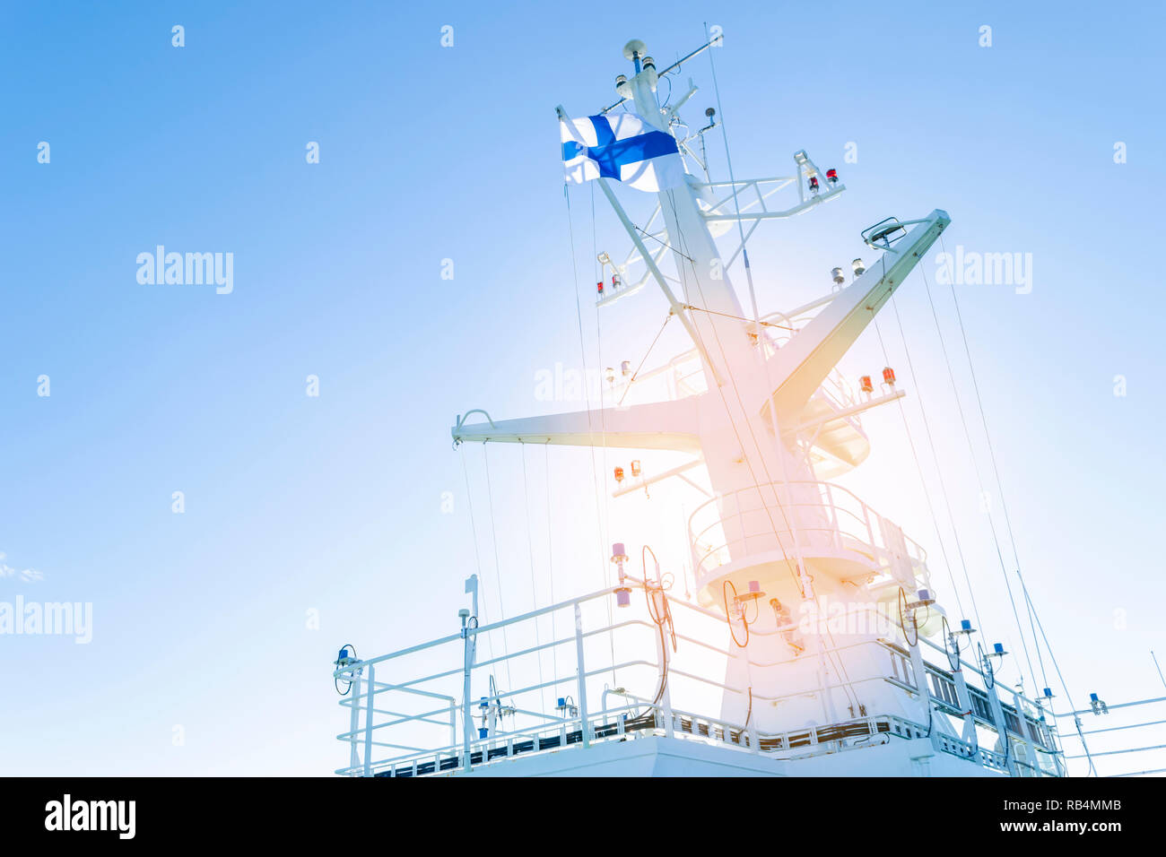Cruise ship white cabin with big windows. Wing of running bridge of ...