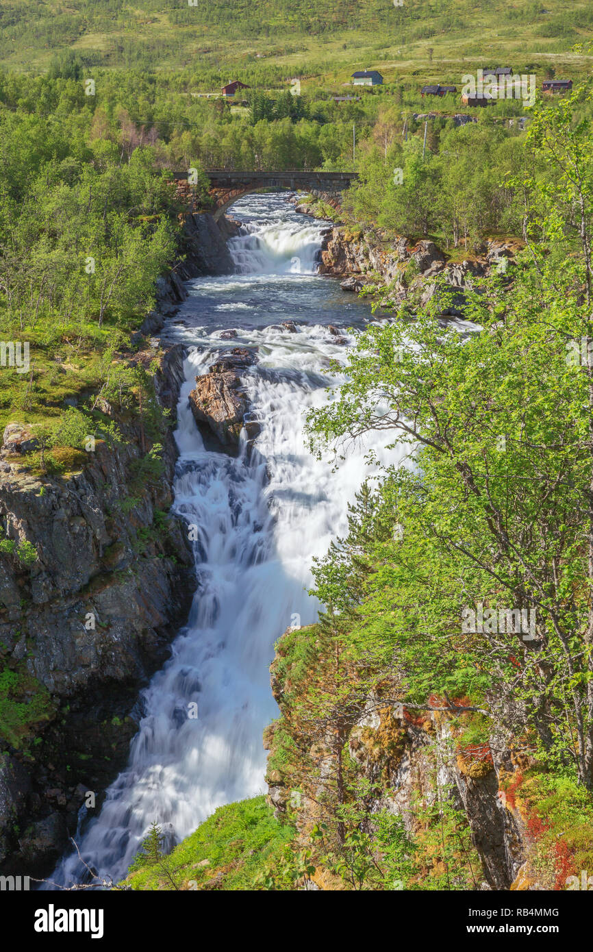 The Bjoreio River with bridge just before the Voringfossen Stock Photo ...