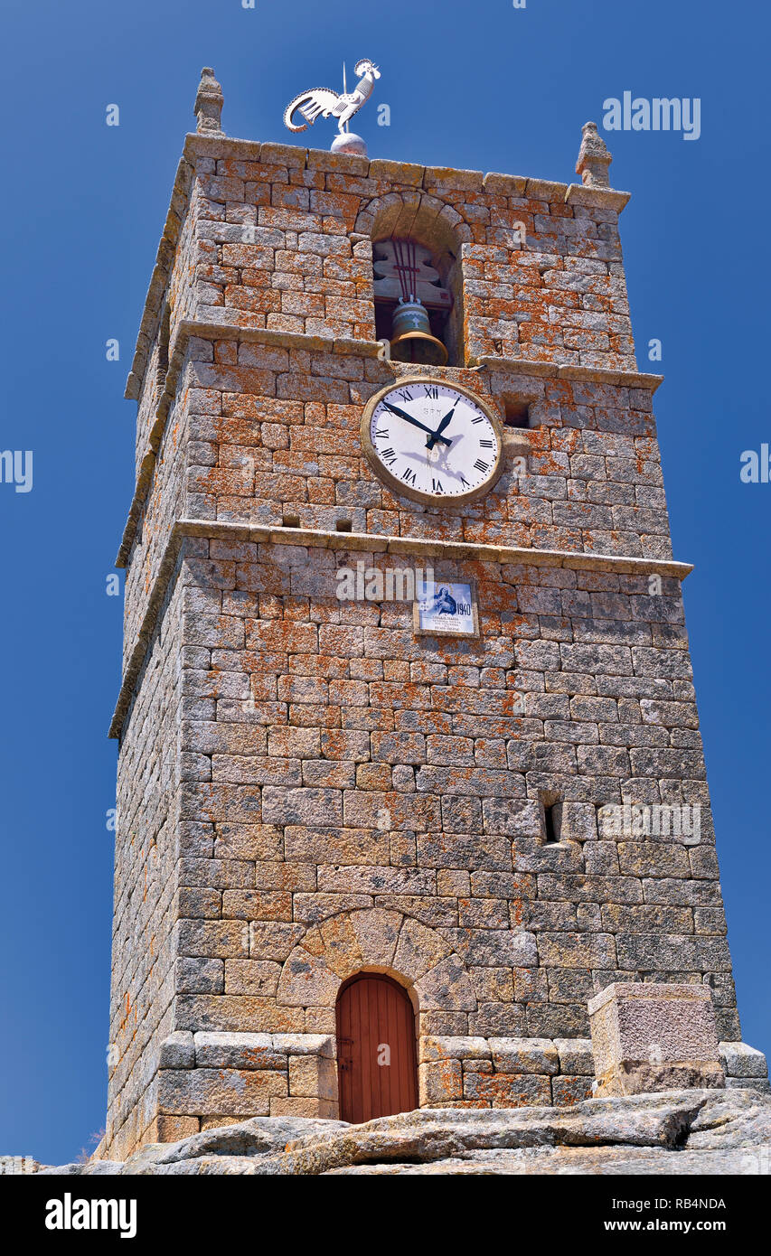 Medieval granite stone clock tower with silver cock on the top Stock ...