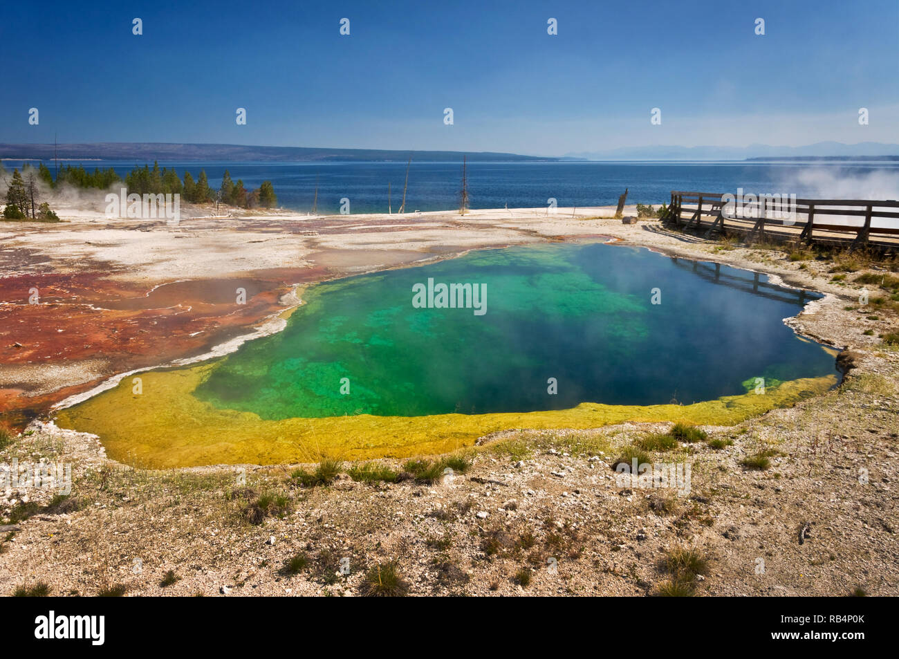 Colorful hot spring, Lake Yellowstone in the background, Yellowstone ...