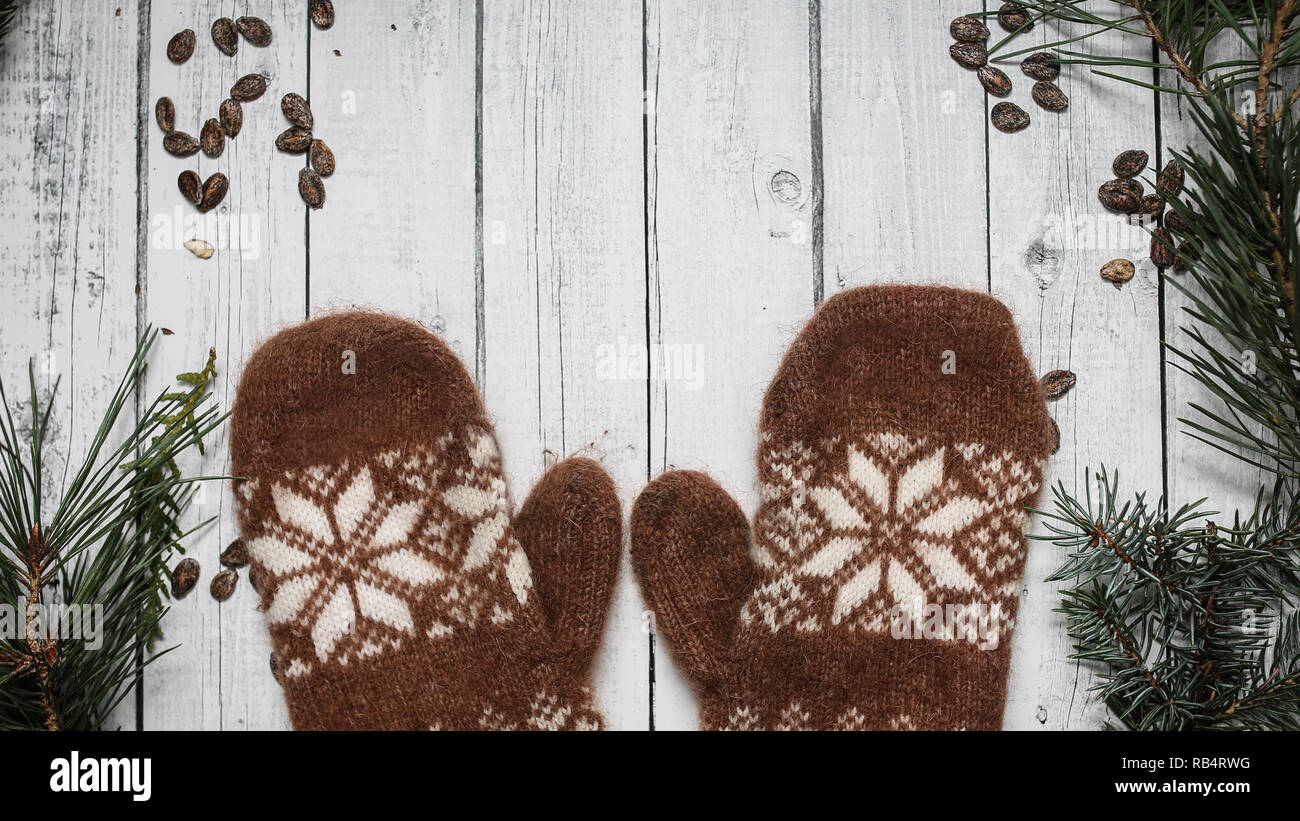 Brown mittens and spruce branches with snow on white wooden background ...