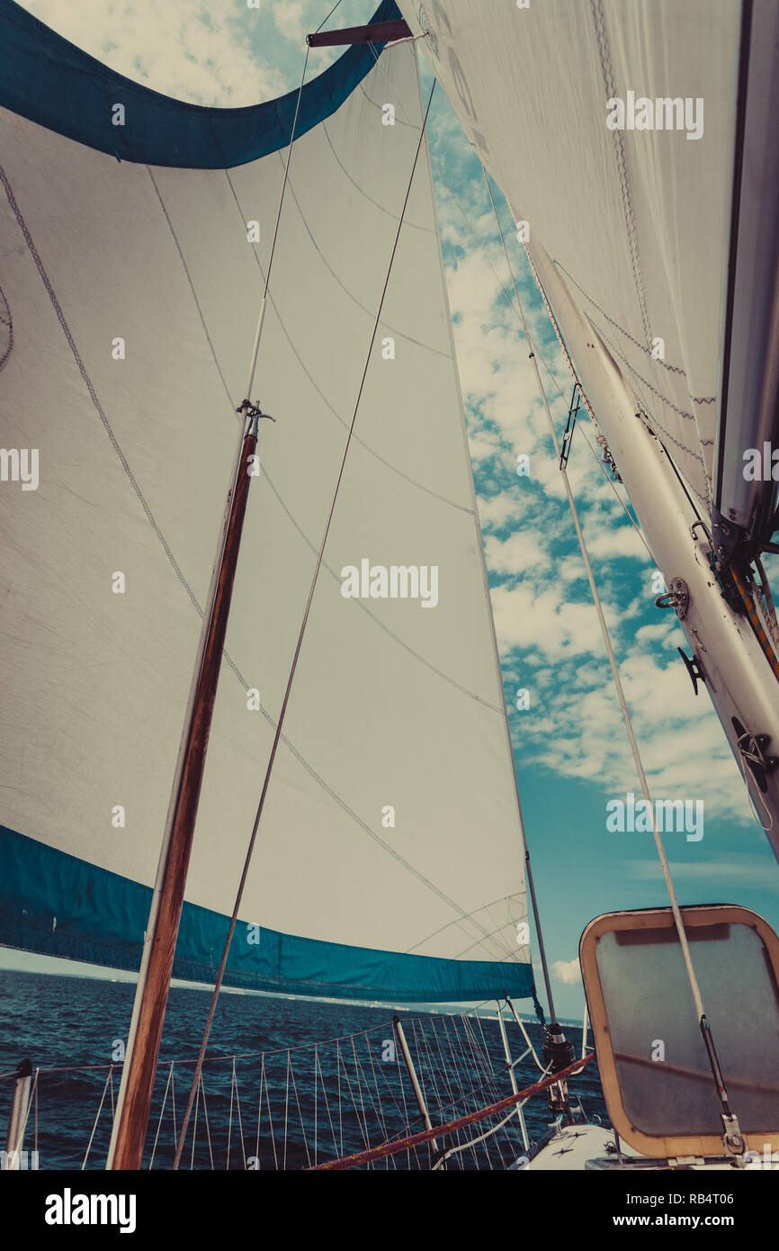 Detailed closeup of sail fabric on sailboat, outdoor shot. Marine ...
