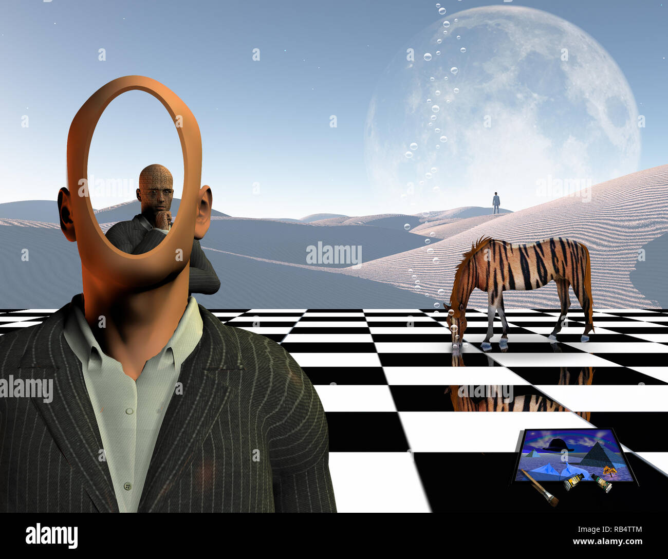 Surreal unusual art solutions. Faceless man with another thinking ...