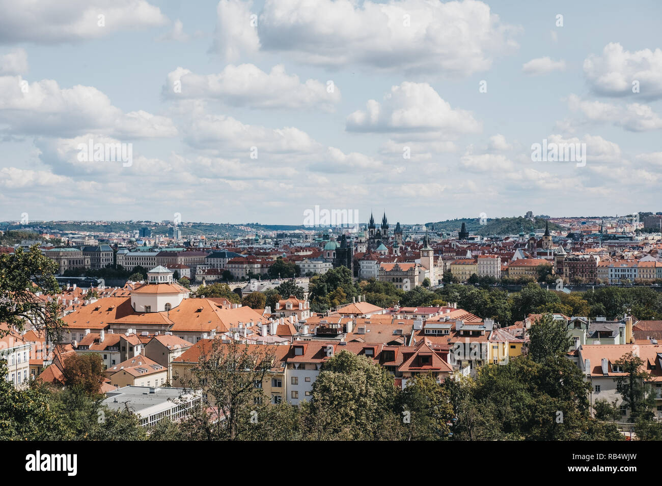 Aerial view of Prague rooftops and skyline and castle from the viewing ...