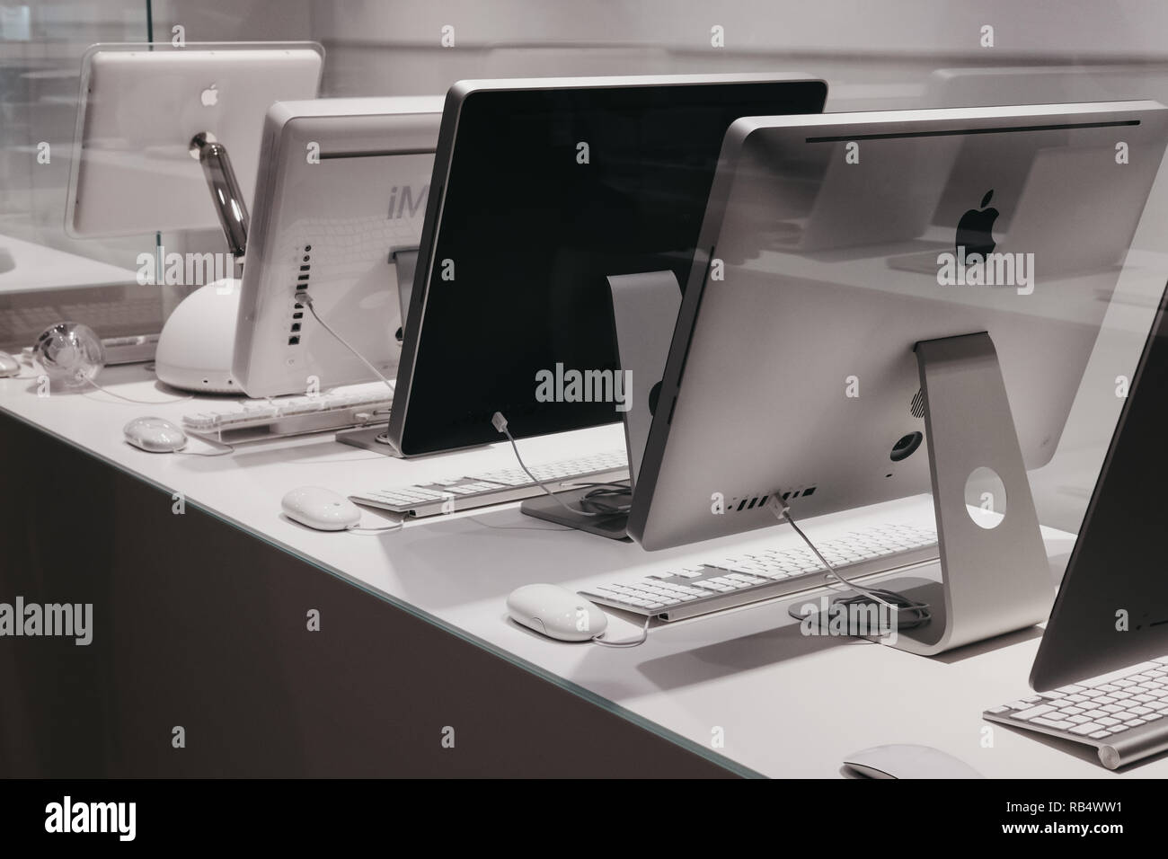 Prague, Czech Republic - August 28, 2018: Range of iMacs on display ...