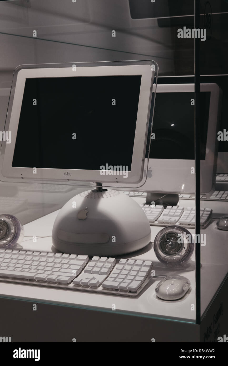 Prague, Czech Republic - August 28, 2018: Range of iMacs on display ...