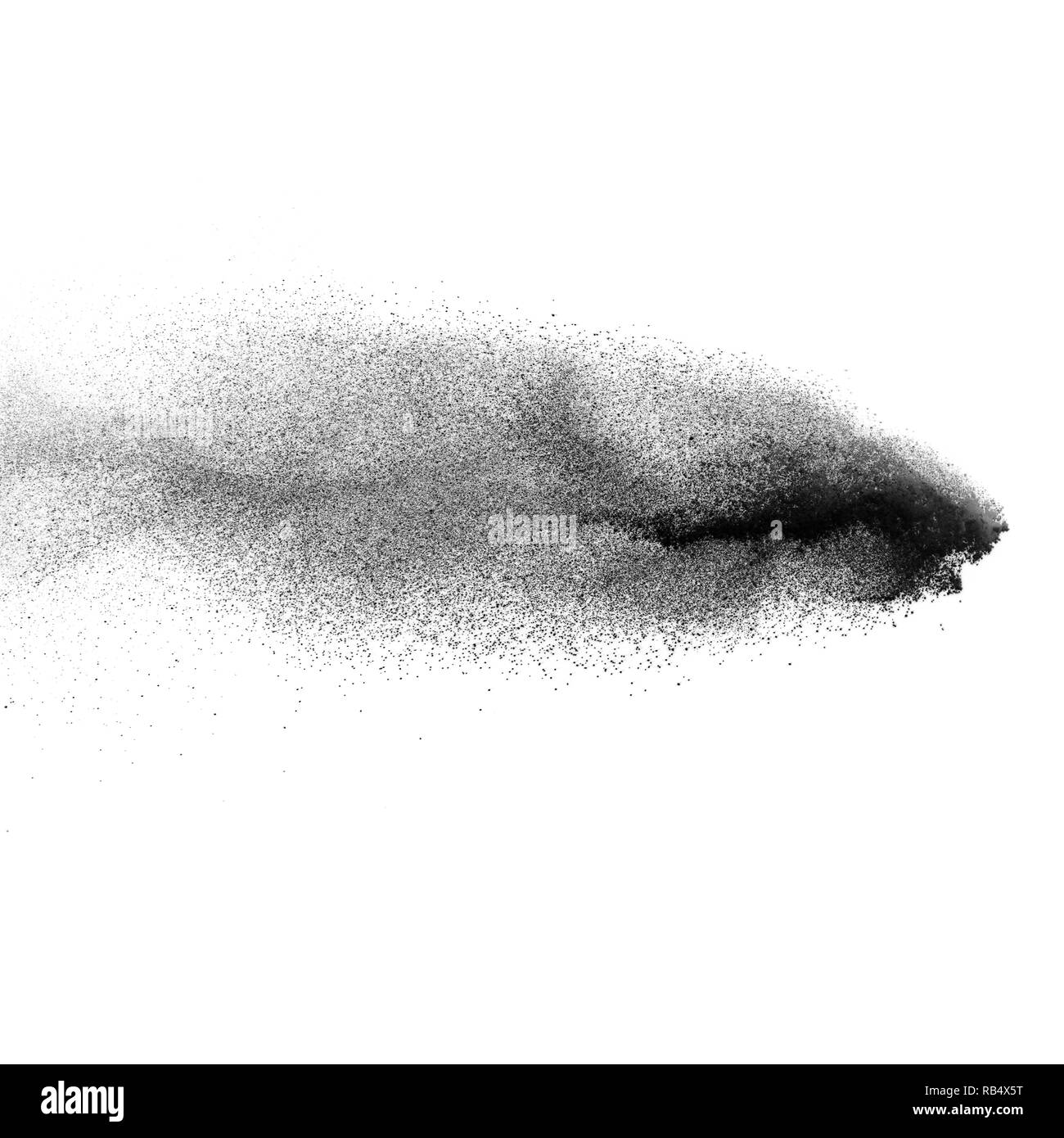 Black powder explosion against white background. Charcoal dust particle ...