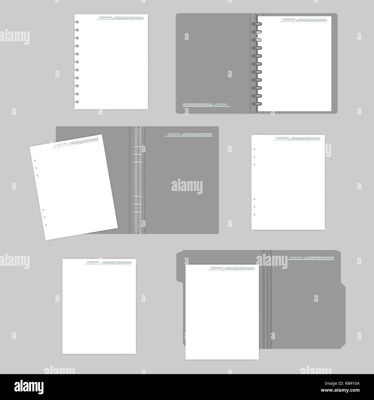 Open gray folders, mockup set. File folder with cut tab, disc and ring ...