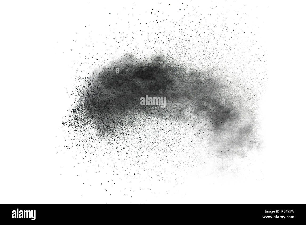 Black powder explosion against white background. Charcoal dust particle ...
