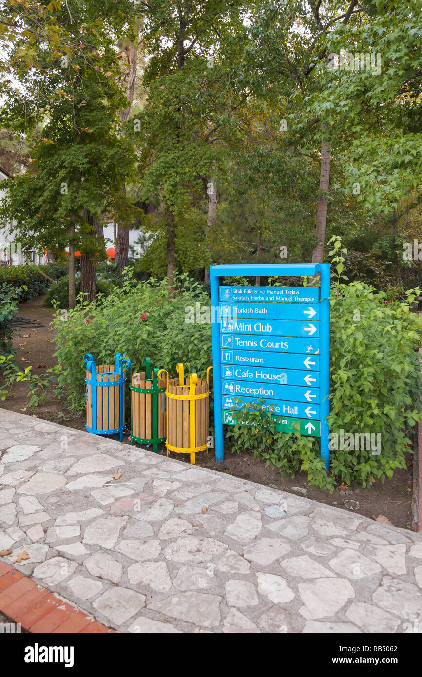 Blue signs with information about finding objects in the tourist area ...