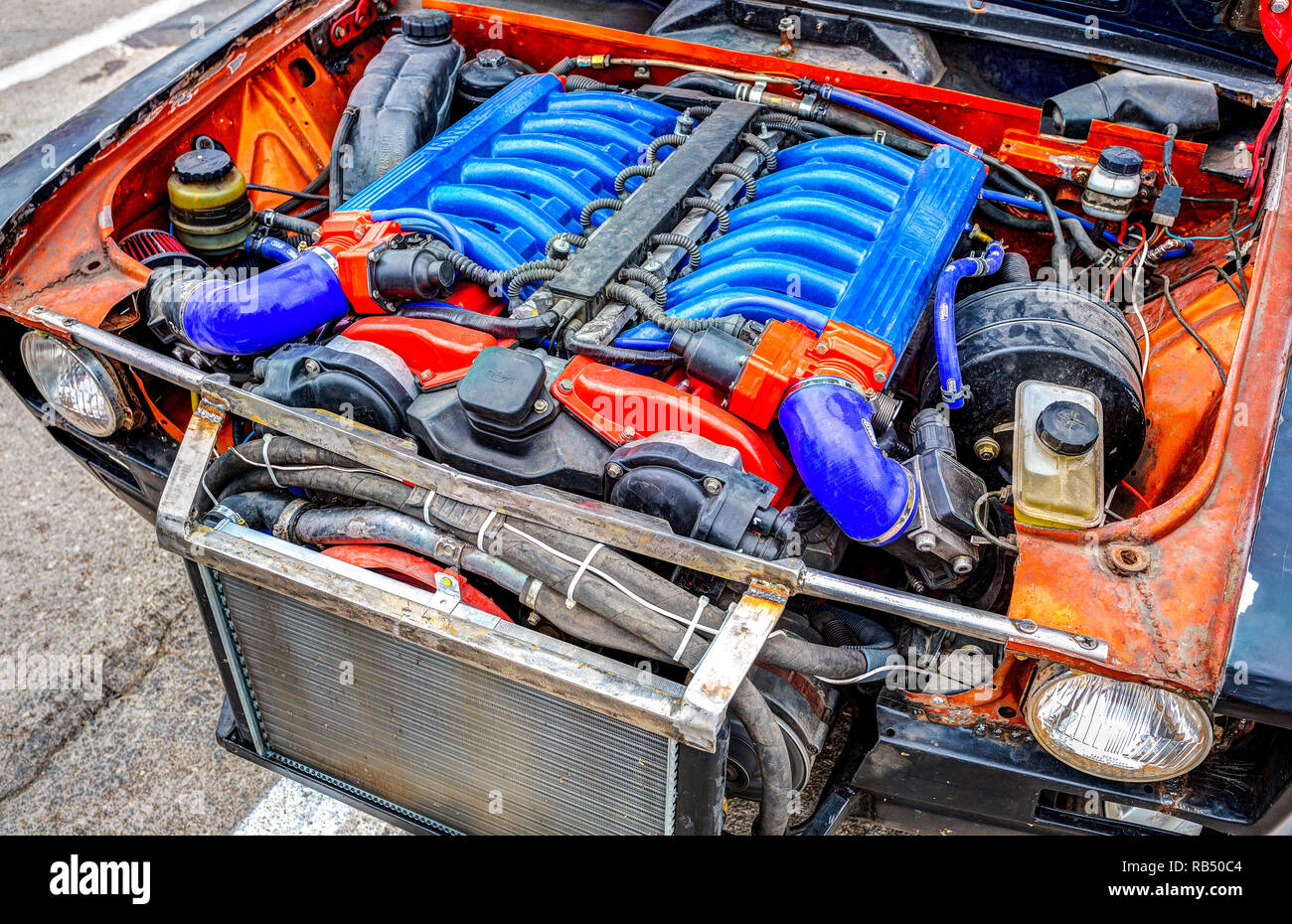 Samara, Russia - May 19, 2018: Tuned turbo car engine BMW in Lada ...