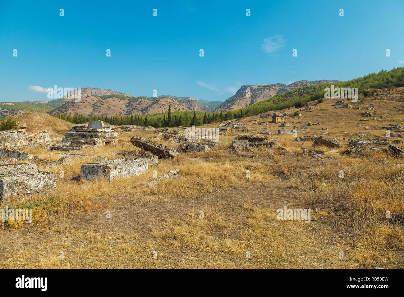 Ruins of the ancient city of Hierapolis. View of the old ruined stone ...