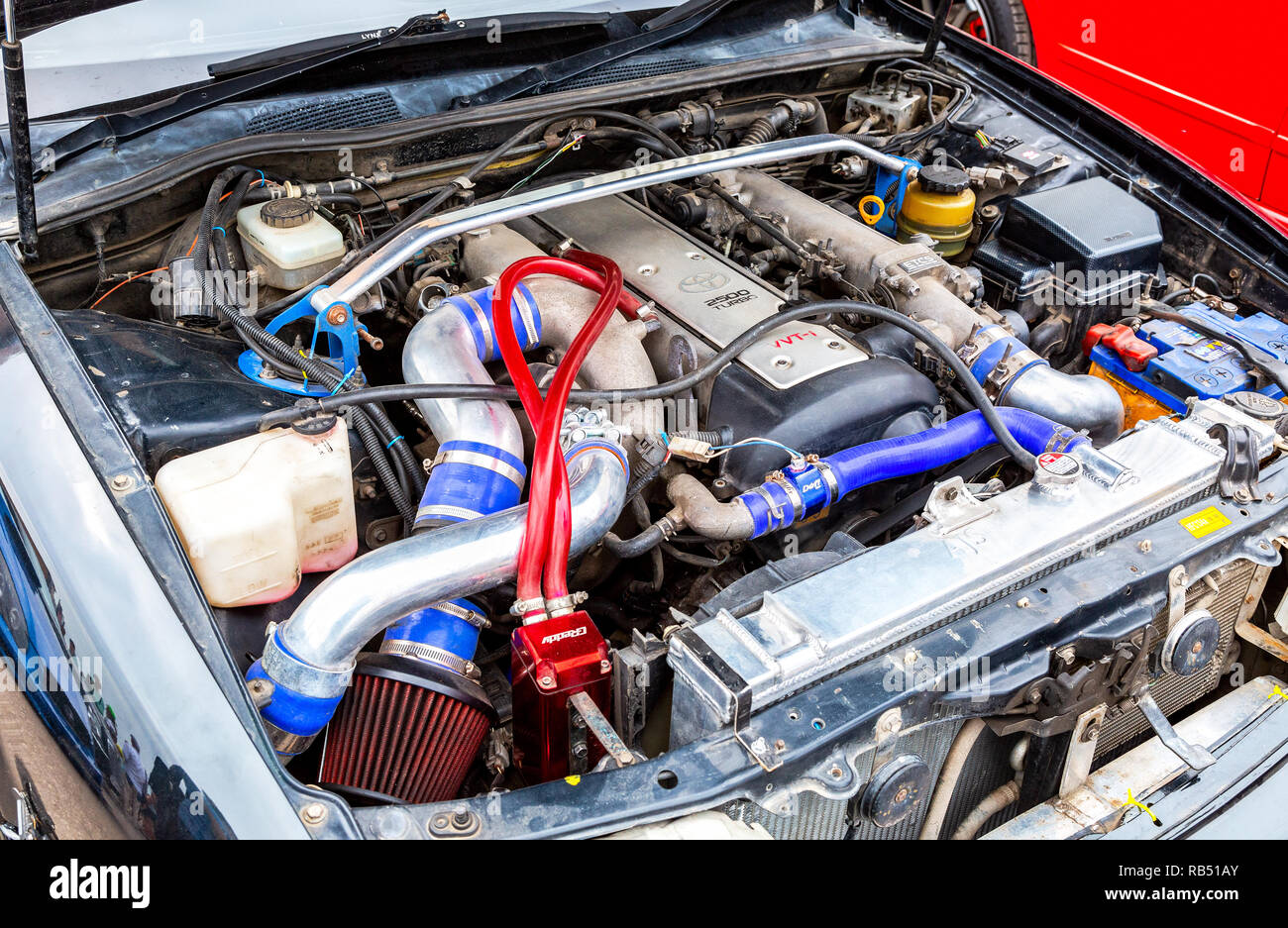 Samara, Russia - May 19, 2018: Tuned turbo car engine of Toyota in Lada ...
