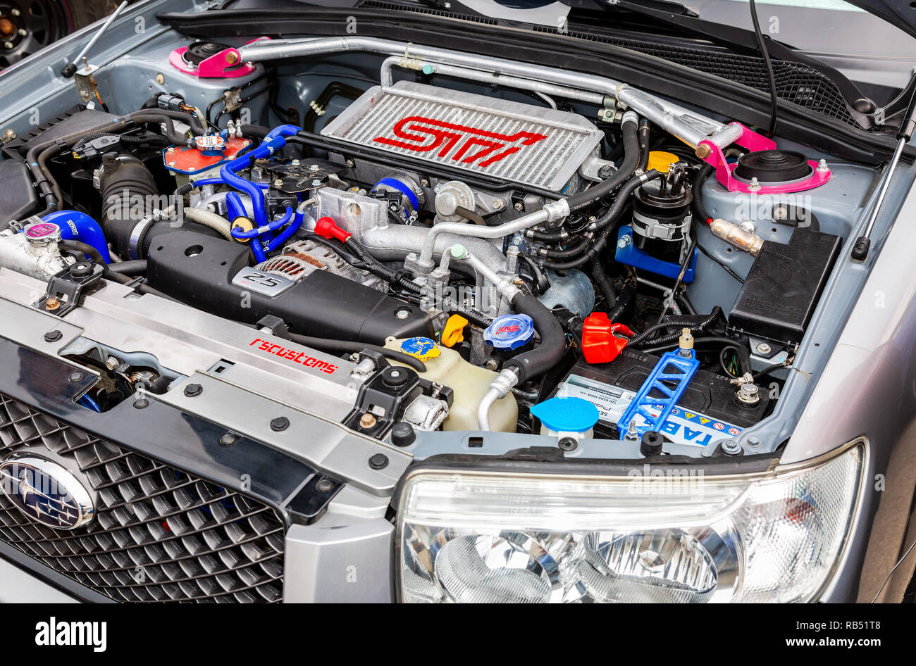 Samara, Russia - May 19, 2018: Tuned turbo car engine of Subaru vehicle ...