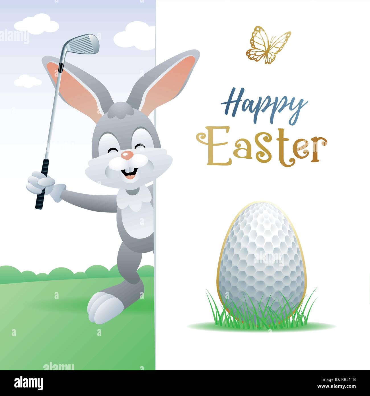 Happy Easter Sports Greeting Card Cute Rabbit With Golf Egg And Golf