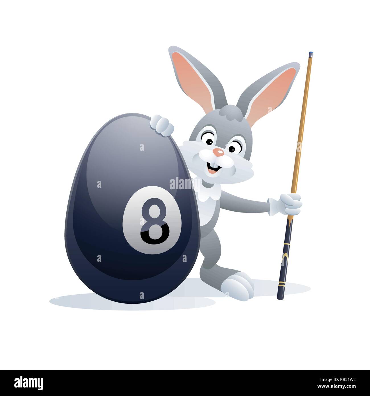 Easter sports greeting card. Cute Rabbit with Billiard Egg and cue ...