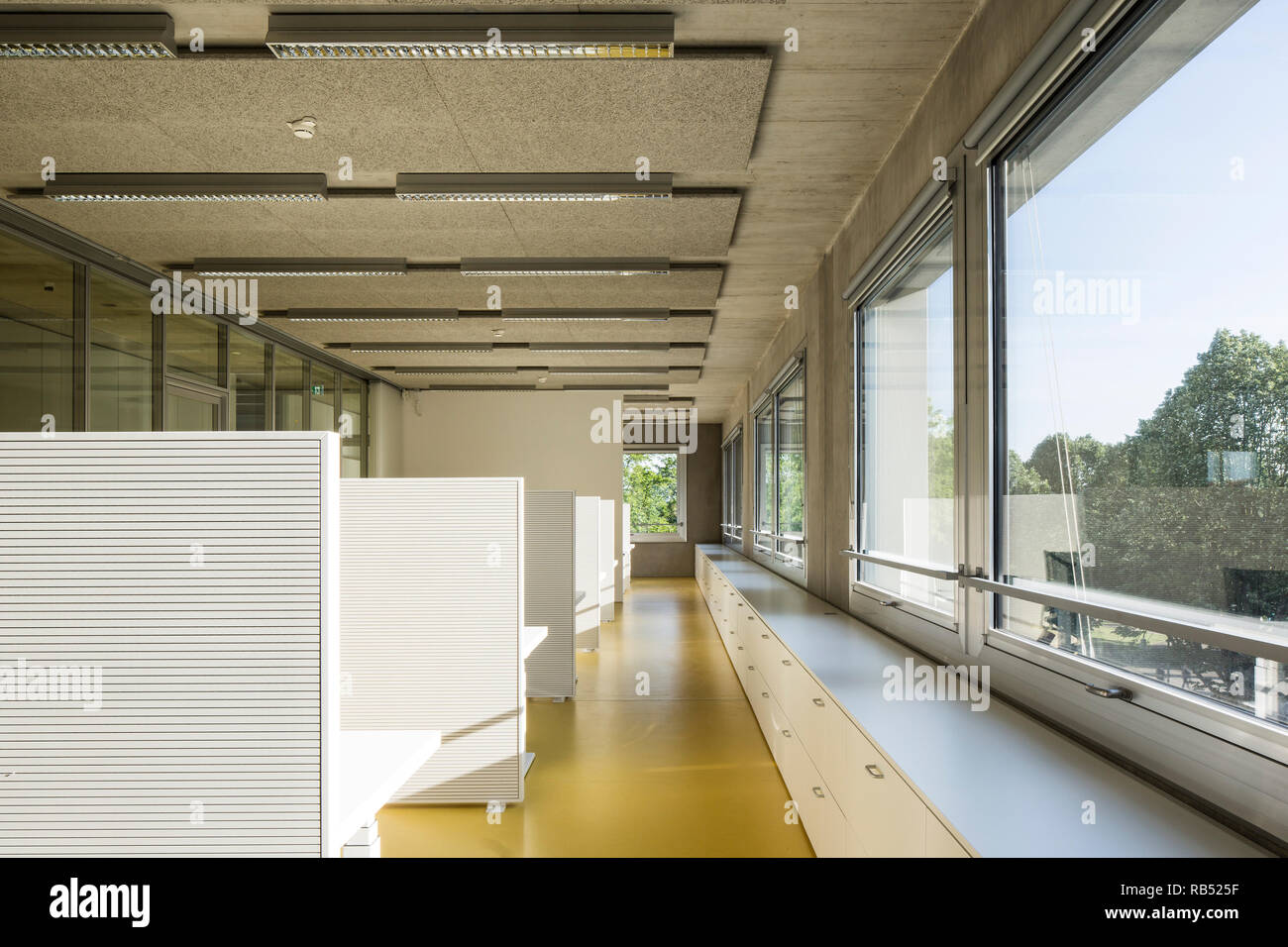 Corridor with study area and window bench. Research Centre Computer ...
