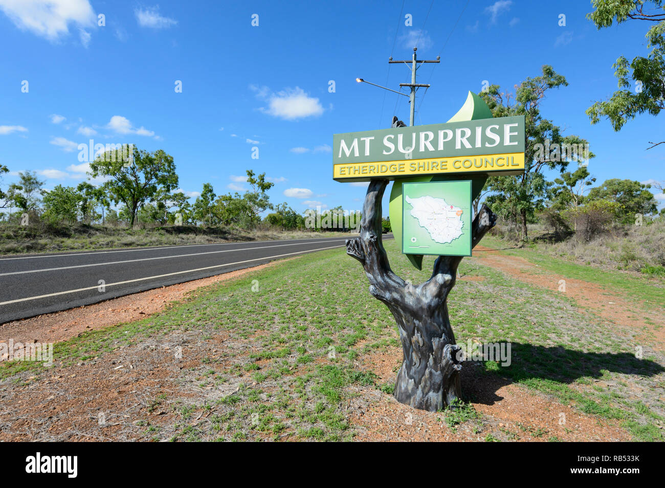 Mount Surprise name sign, a small rural town along the Savannah Way ...