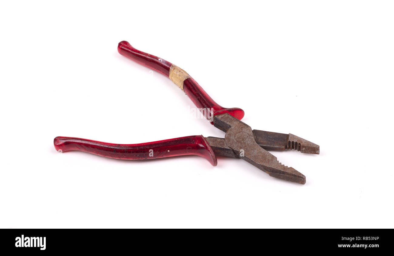Old red pliers, isolated on a white background Stock Photo - Alamy