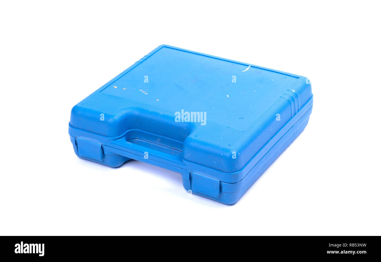 Old dirty blue toolbox, isolated on white Stock Photo - Alamy