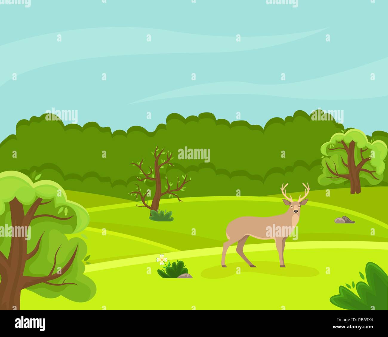 Spring countryside landscape with a deer. Sunny day. Summer fields ...