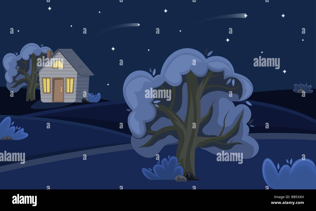 Spring countryside landscape at night. Summer fields. Starry sky. Flat ...