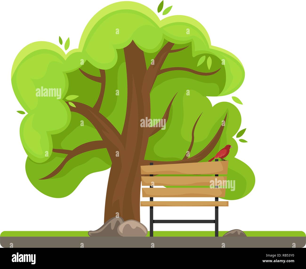 Spring tree. Bench with a bird. Isolated image. Sunny day. Flat cartoon ...