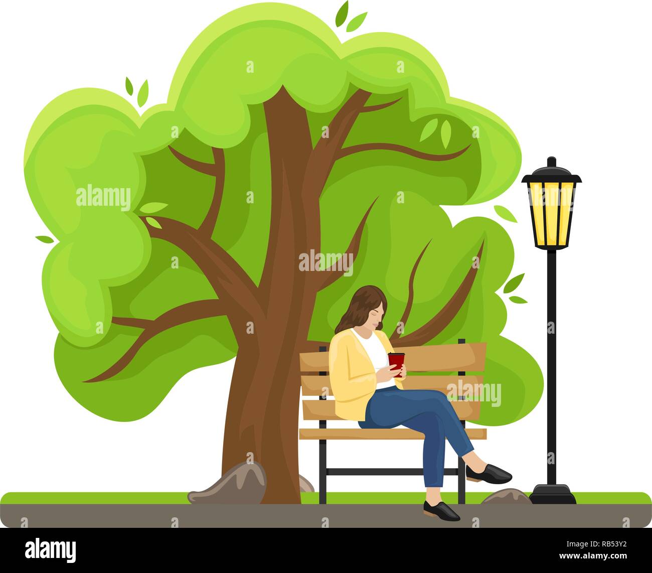 Spring tree. Girl drinking coffee. Isolated image. Sunny day. Flat ...