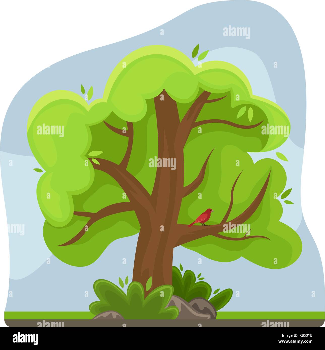 Spring tree with a bird on a branch. Isolated image. Sunny day. Flat ...