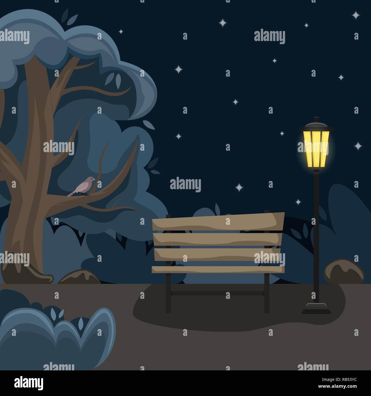 Spring landscape. Alley in the Park with a bench at the night. Starry ...