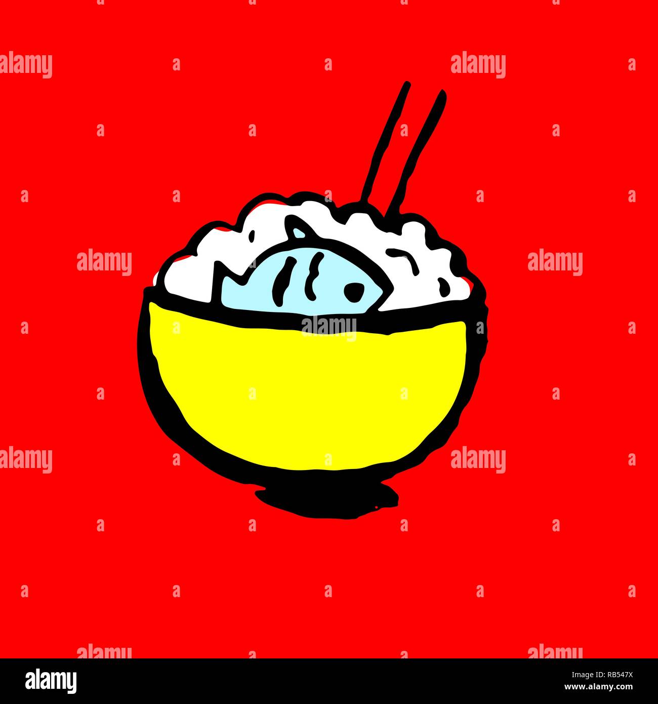 Rice with fish icon. Grunge ink brush vector illustration. Food flat ...