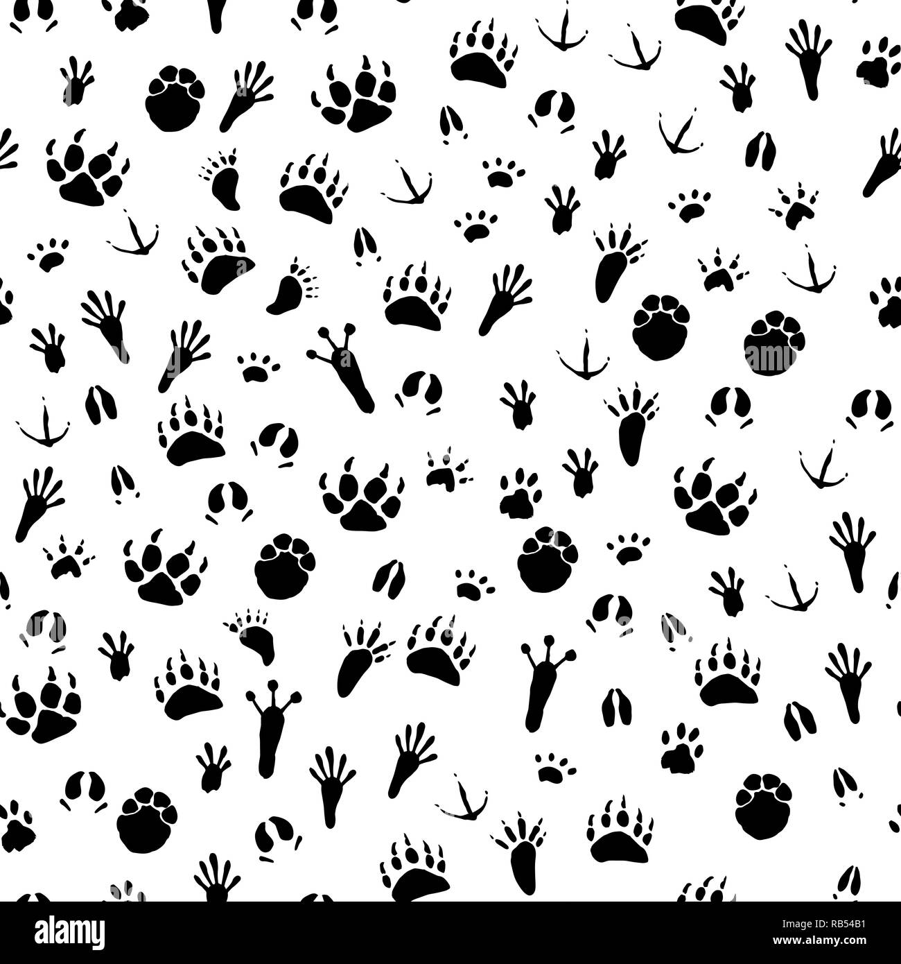 Seamless pattern with traces of various animals and birds. Black traces ...