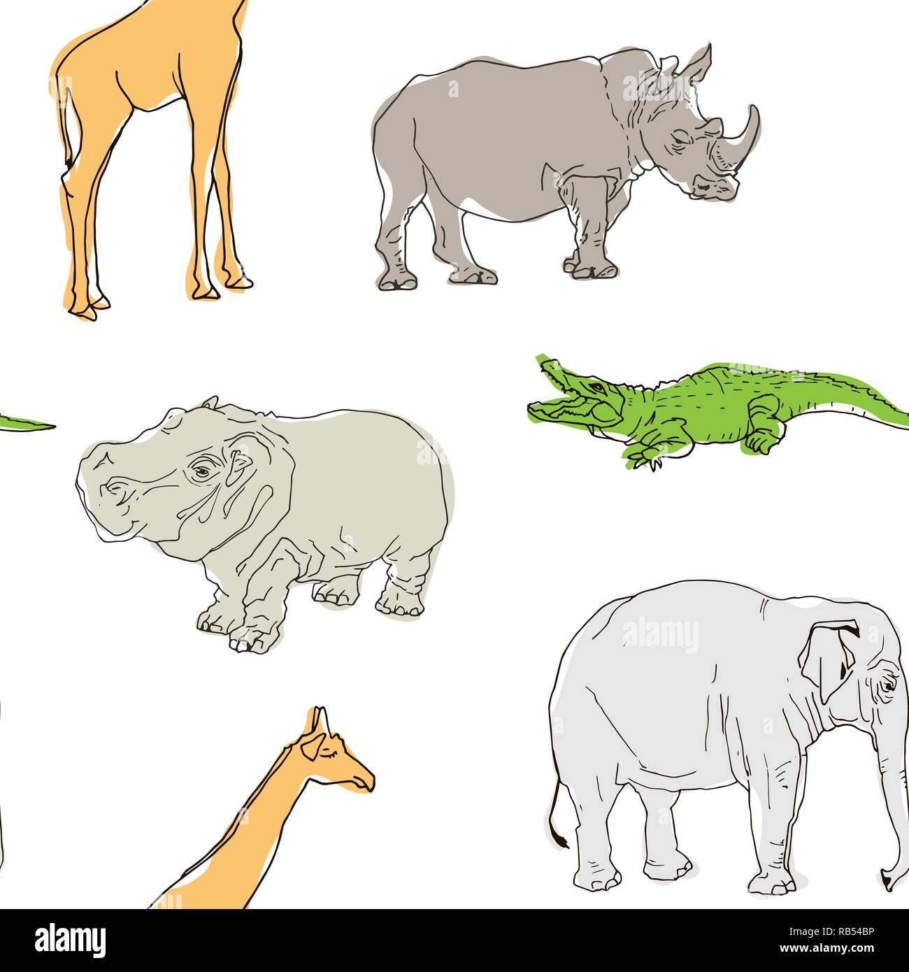 Seamless pattern of wild animals. Crocodile, hippopotamus, giraffe ...