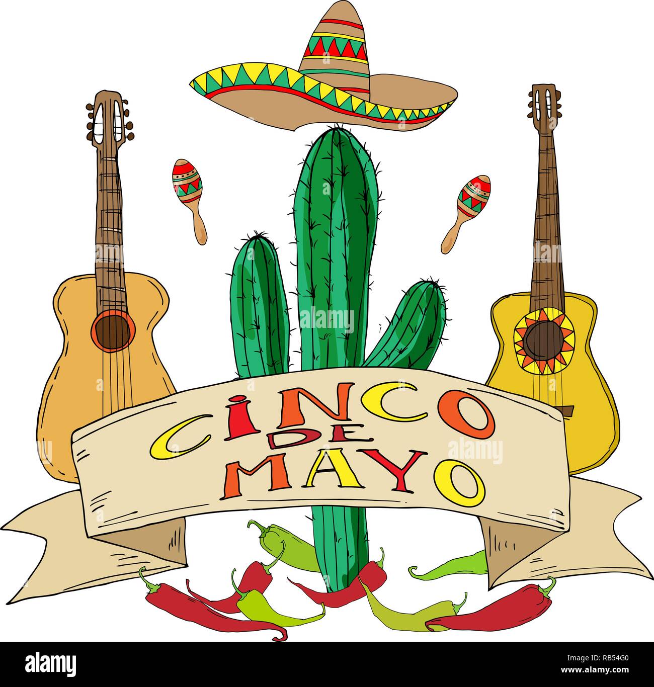 A greeting card of cinco de mayo with letters, cactus, hat, guitar is ...