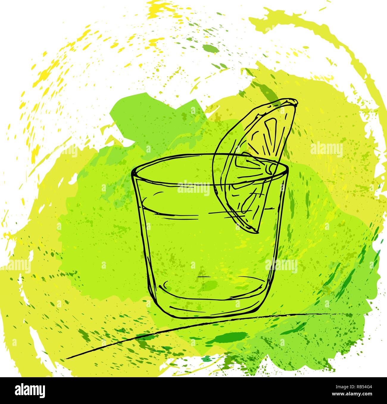 A glass with a drink and pieces of lemon painted by hand on a ...