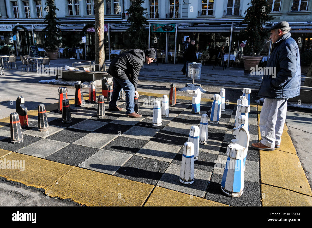 Two local residents playing a game of chess in a street in Bern ...