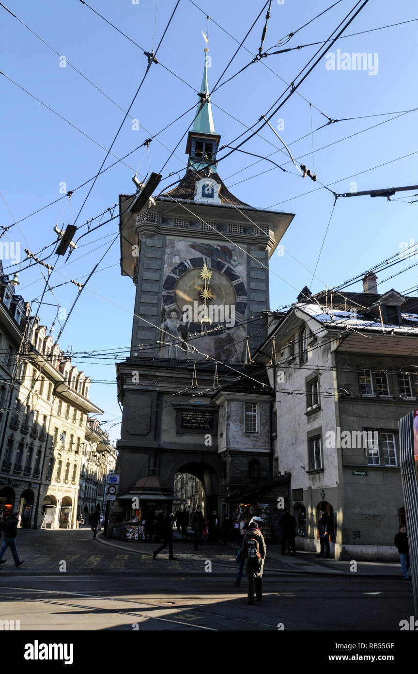A city tram passes the 13th century Zytglogge Clock Tower is one of ...