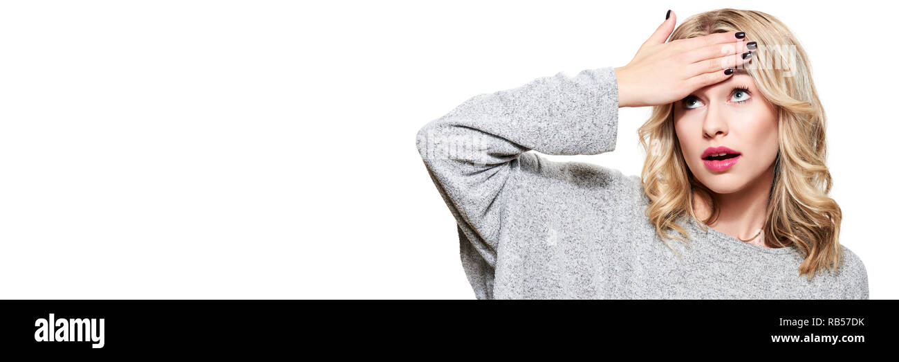 Human emotions, facial expressions, reactions banner. Young woman with ...