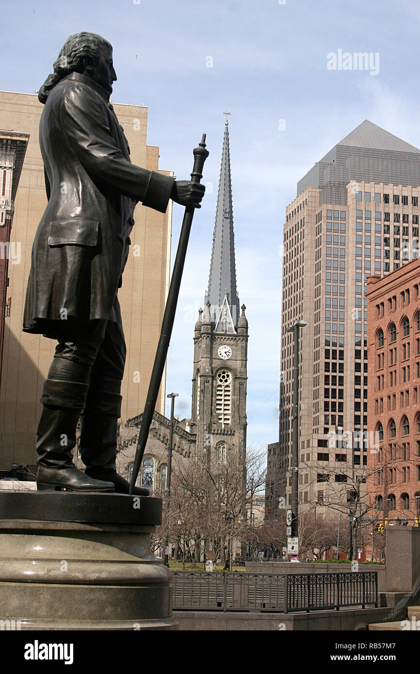Cleveland, OH, USA. The statue of the city's founder, Moses Cleaveland ...
