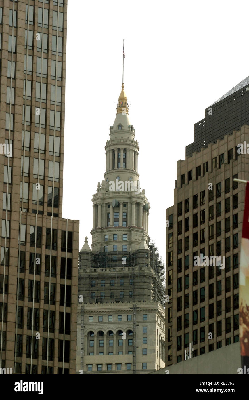 Buildings in downtown Cleveland, Ohio, with the top of the Tower City ...
