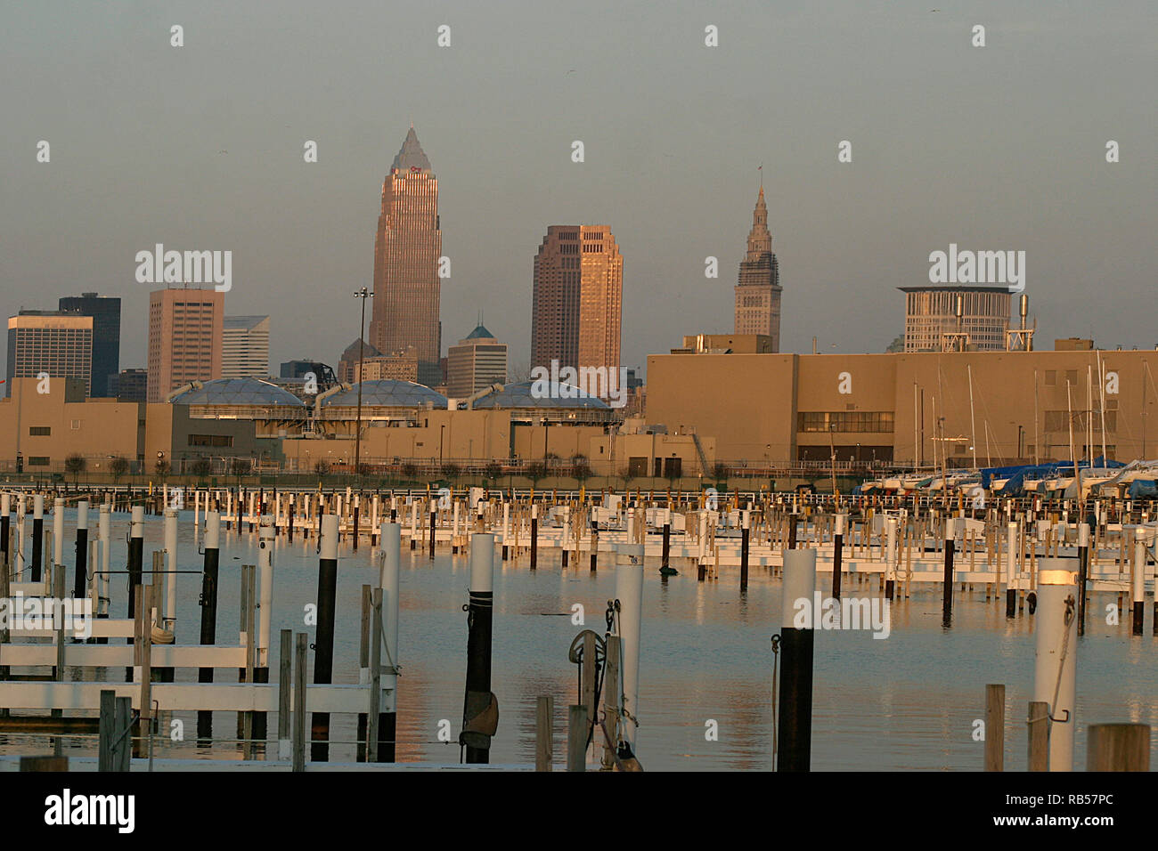 Marina at Lake Erie and skyscrapers in downtown Cleveland, Ohio, USA ...
