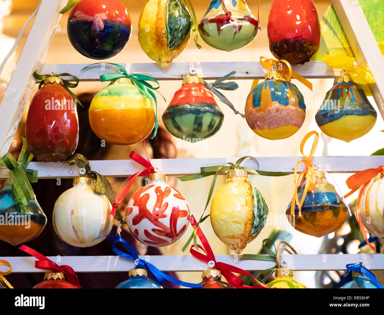 Features hand painted ceramic Christmas balls. Horizontal view Stock ...